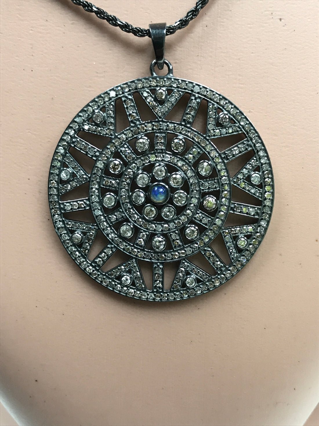 Round Shape Diamond Pendant .925 Oxidized Sterling Silver Diamond Pend ...